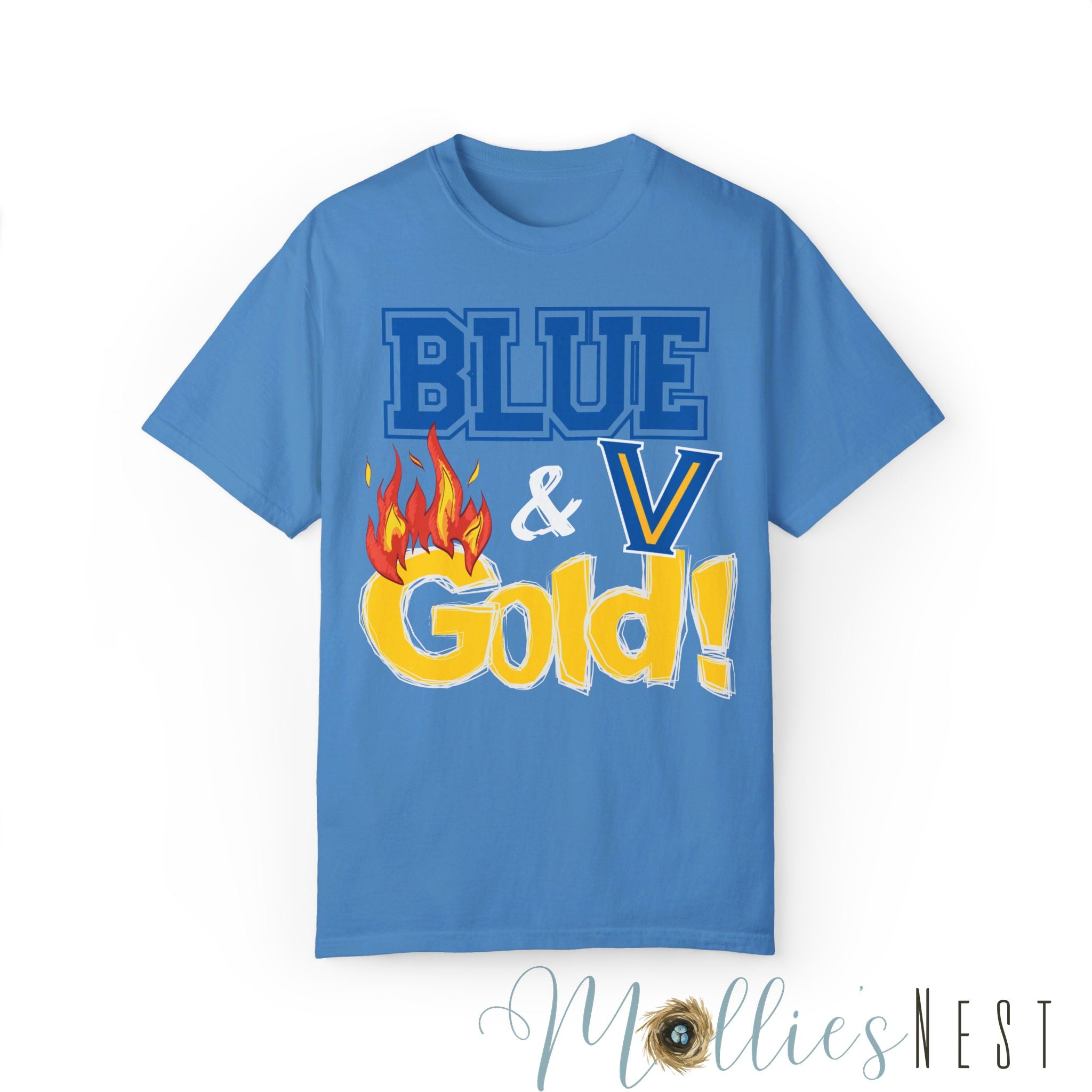 Unisex Blue & Gold Flame. Comfort ColorsT-shirt – Mollie’s Nest